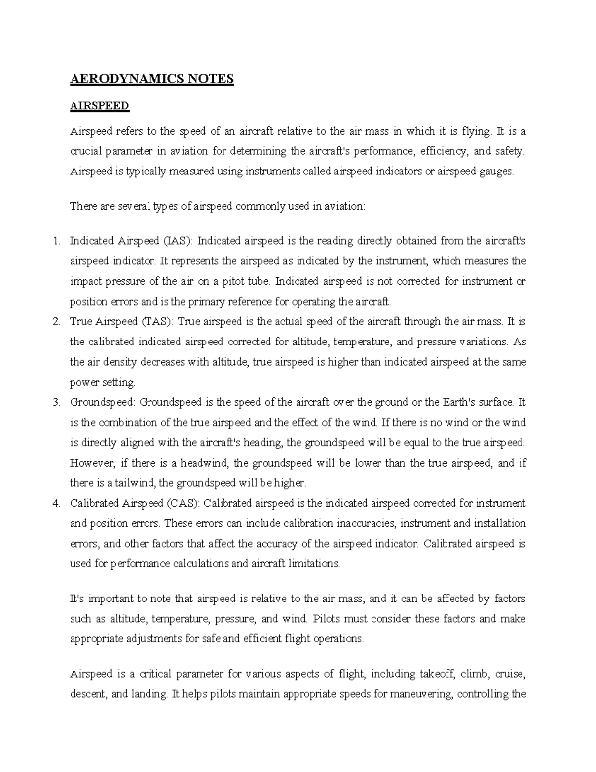 Notes - AERODYNAMICS NOTES AIRSPEED Airspeed refers to the speed of an ...