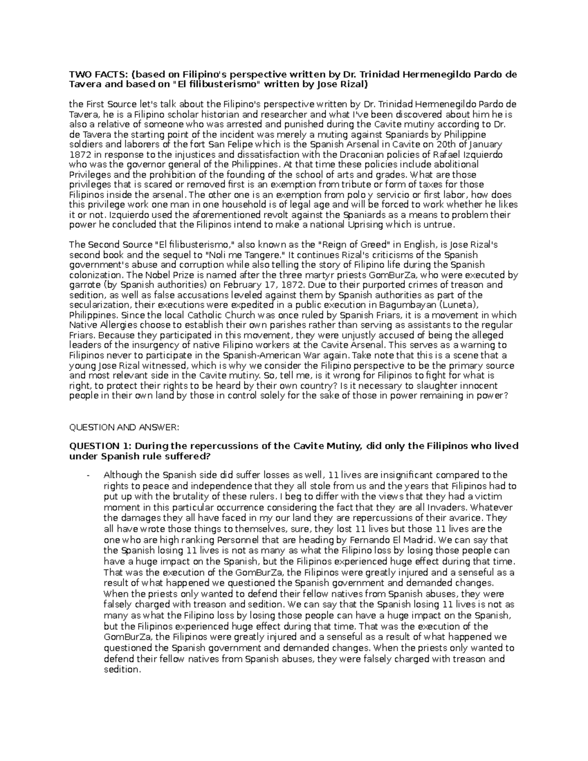 Debate- Cavite- Mutiny - TWO FACTS: (based on Filipino's perspective ...