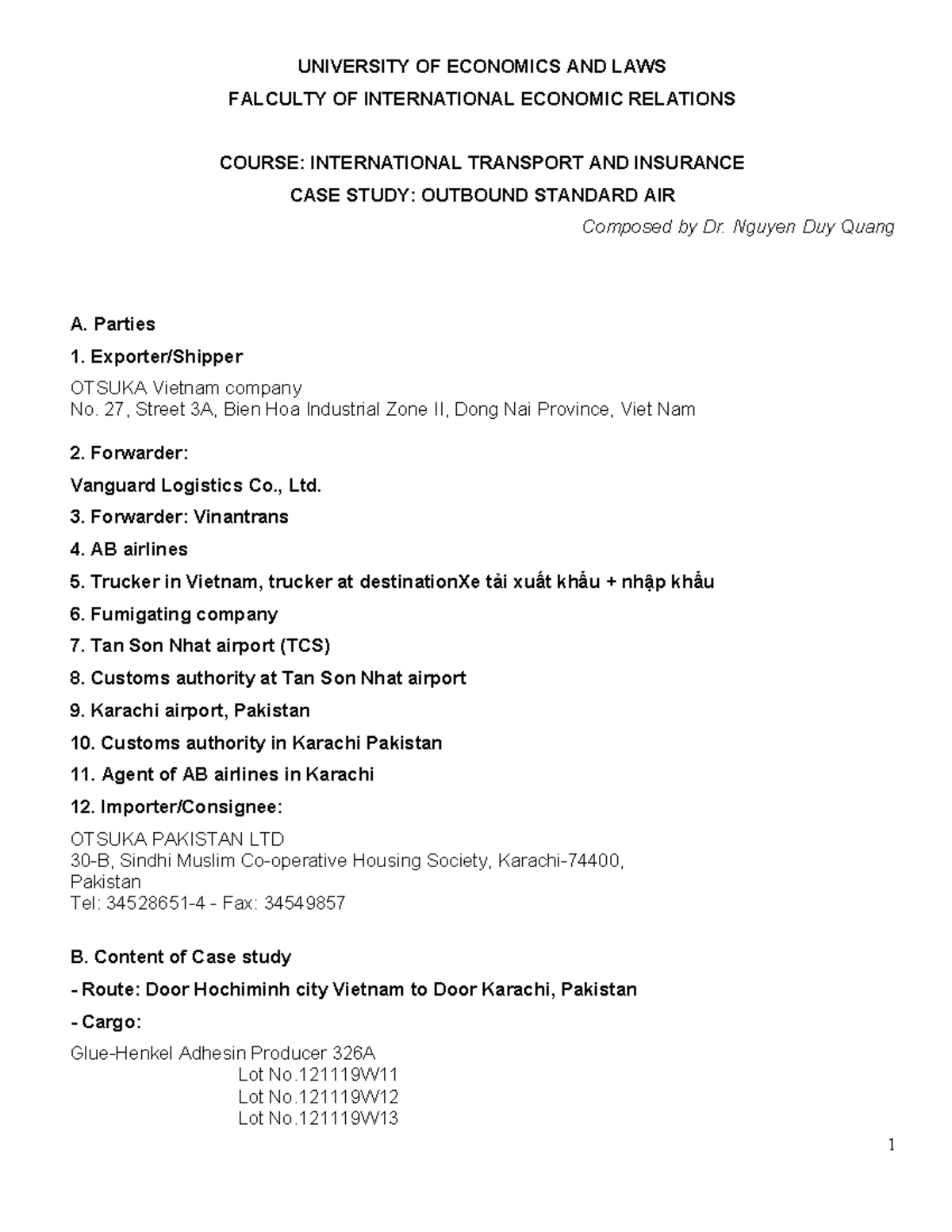 Case study - Outbound standard air - UNIVERSITY OF ECONOMICS AND LAWS FALCULTY OF INTERNATIONAL ...