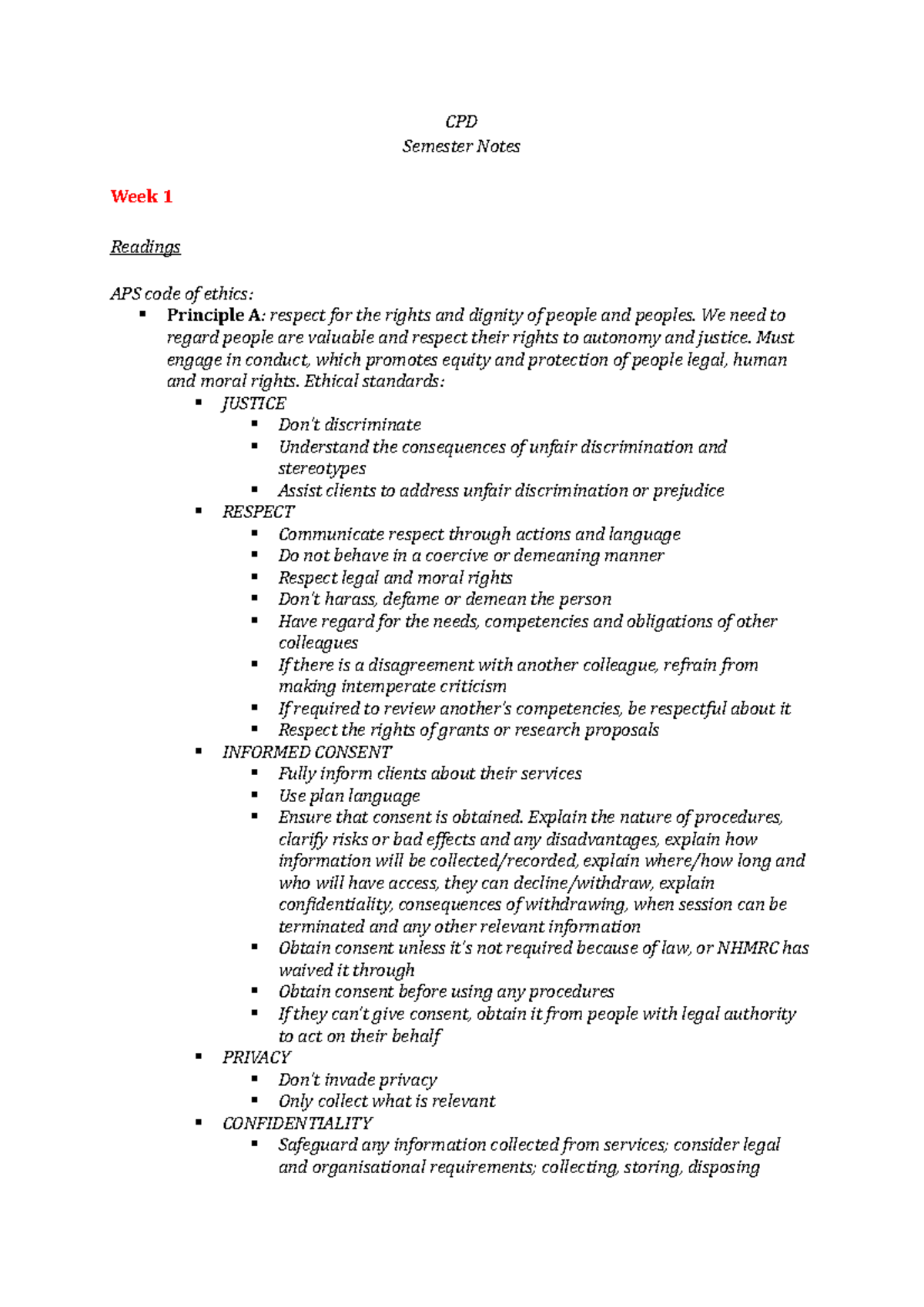 CPD notes - CPD Semester Notes Week 1 Readings APS code of ethics ...
