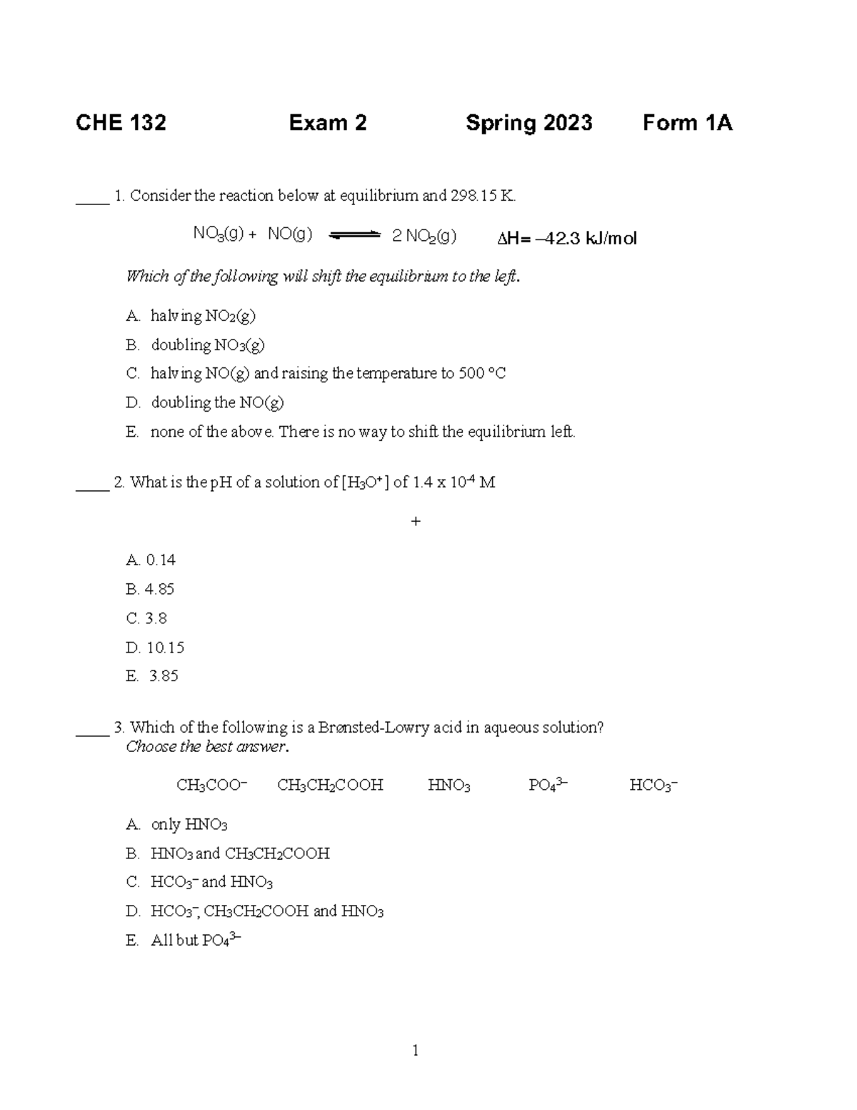 CHE 132 Practice Exam 2 Spring 2023 - 1 CHE 132 Exam 2 Spring 202 3 ...