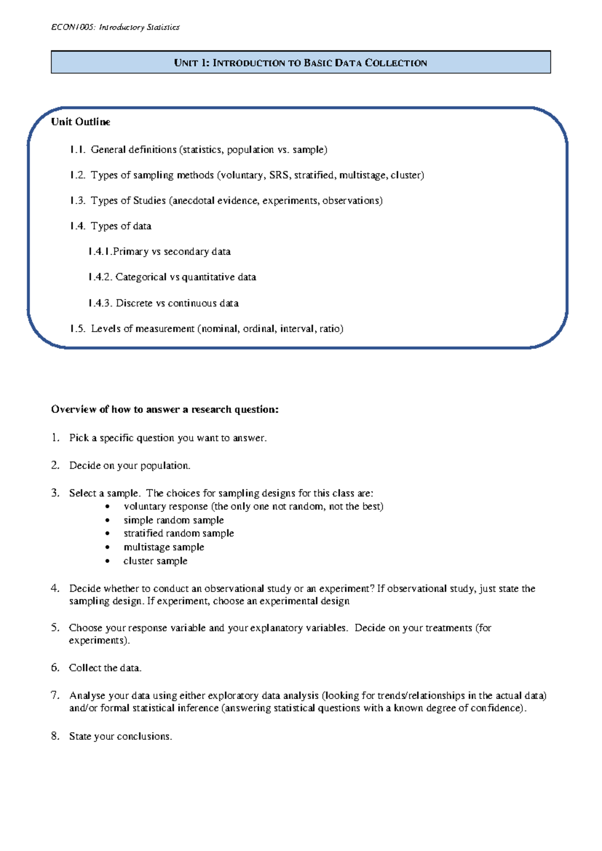 Introduction to Basic Data Collection - ECON1005: Introductory Statistics UNIT 1: INTRODUCTION ...