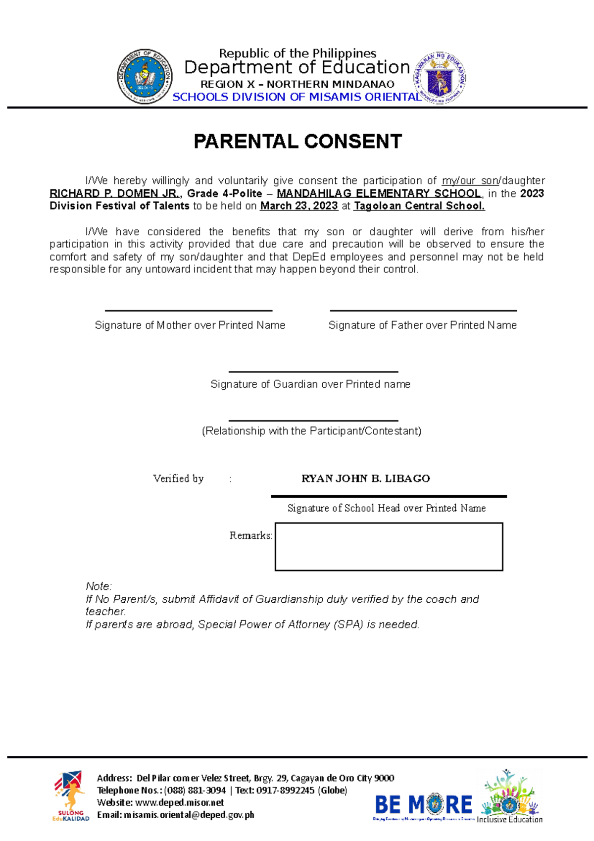 Parental consent - good learning material - PARENTAL CONSENT I/We ...