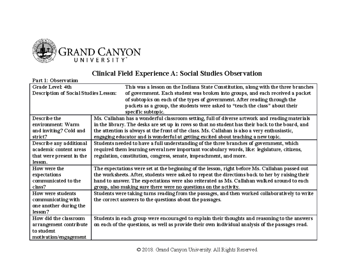 Field Exp A - Clinical Field Experience A: Social Studies Observation ...
