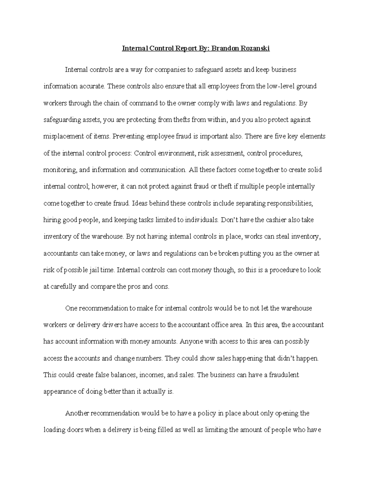 Assignment 4-1 - Internal Control Report By: Brandon Rozanski Internal ...