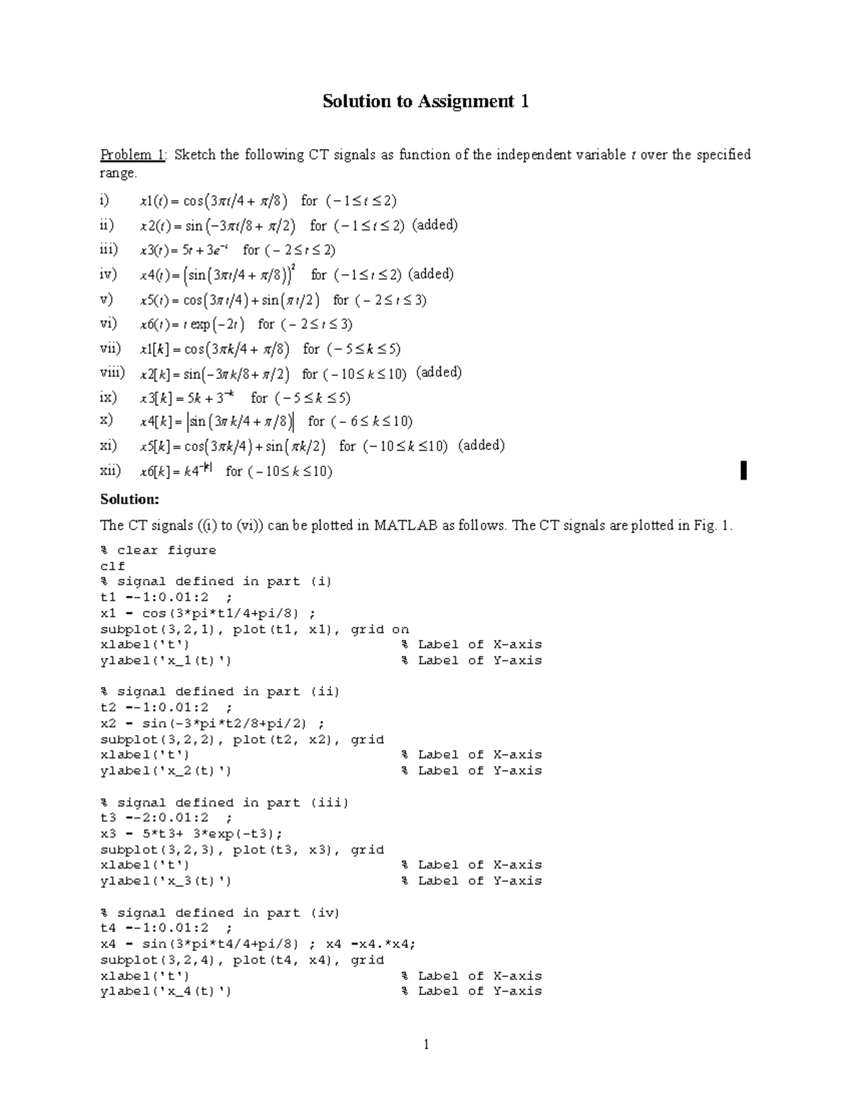 Assignment 01 solution - Solution to Assignment 1 Problem 1: Sketch the following CT signals as ...