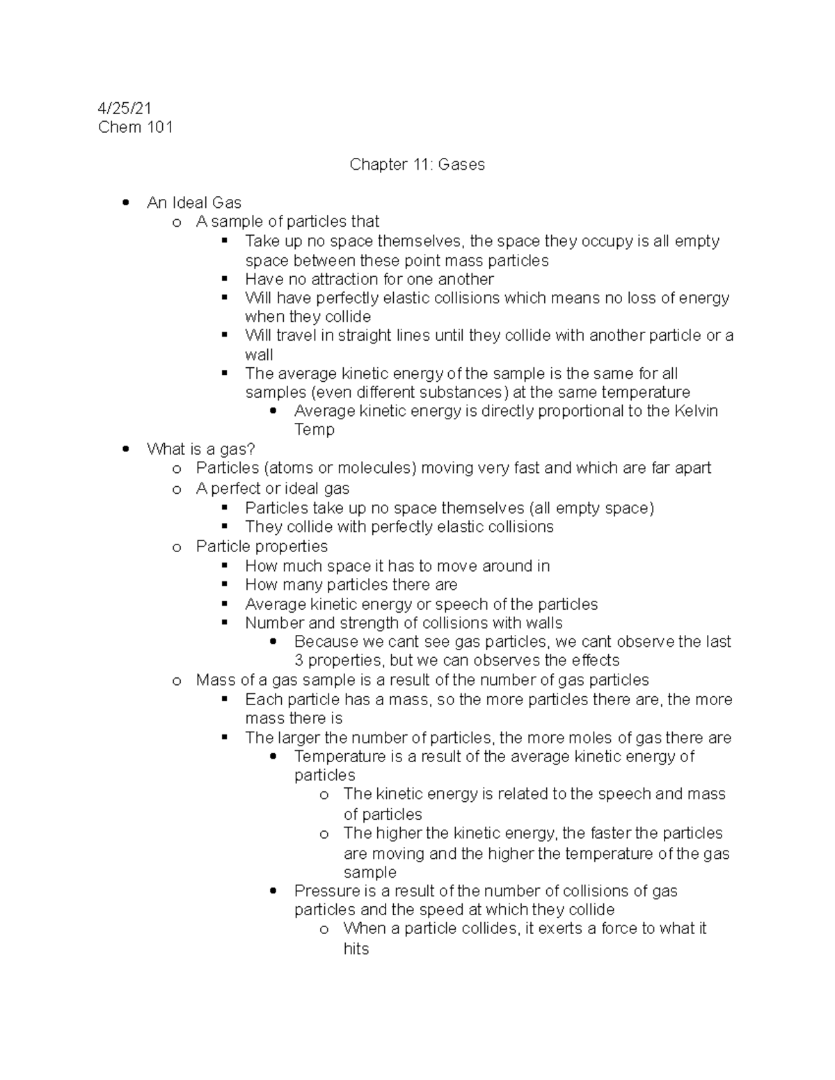 Chapter 11 Gases - Lecture notes 11 - 4/25/ Chem 101 Chapter 11: Gases ...