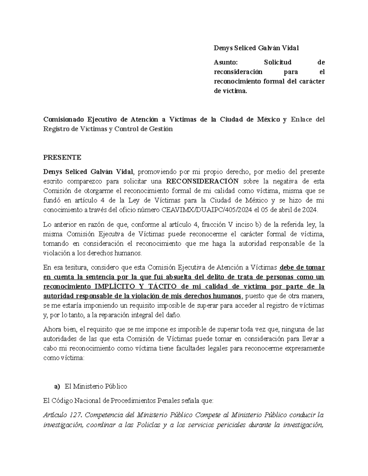 Denys Seliced Galván Vidal solicitud reconsideración - Denys Seliced ...