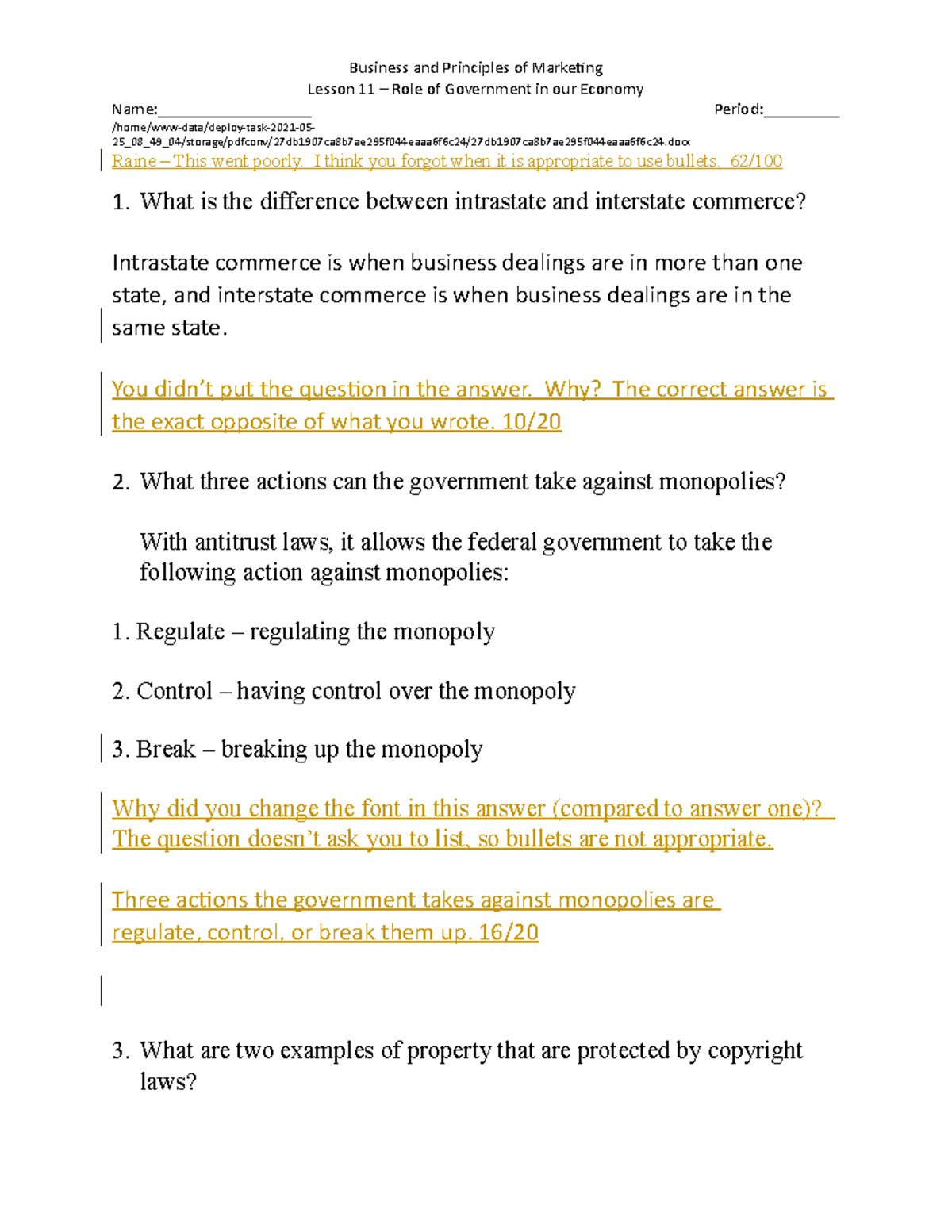 Chapter 11 -Coursework Questions #1 - Lesson 11 – Role of Government in ...