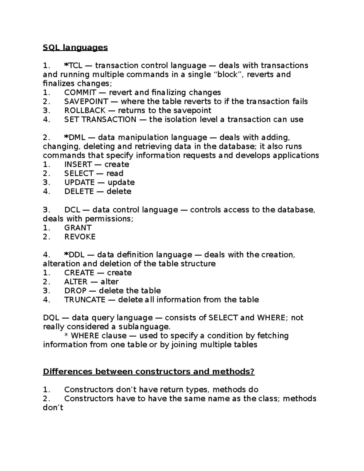 Mini Study Guide - Java and Javascript - SQL languages *TCL — transaction control language ...
