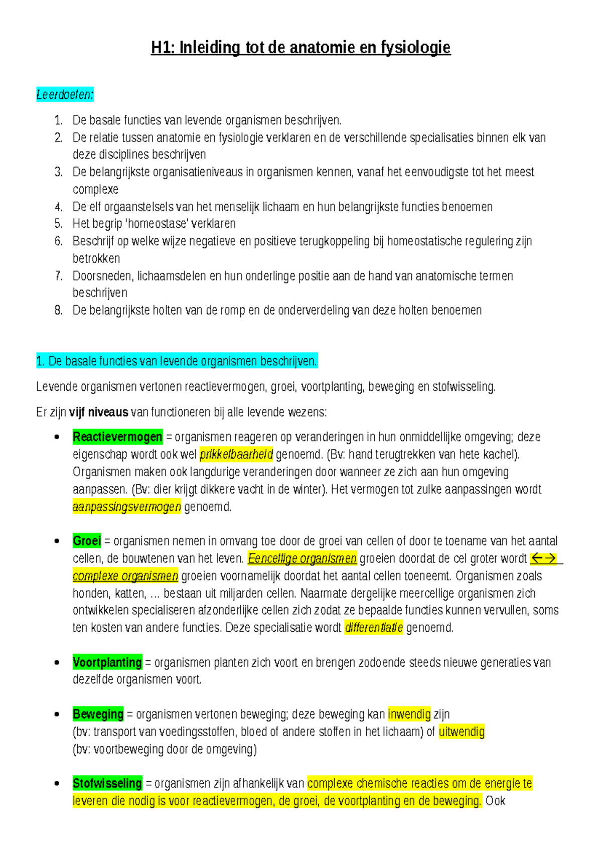 HC 2.1 samenvatting doelstelligen inleiding anatomie en fysiologie - H1: Inleiding tot de ...