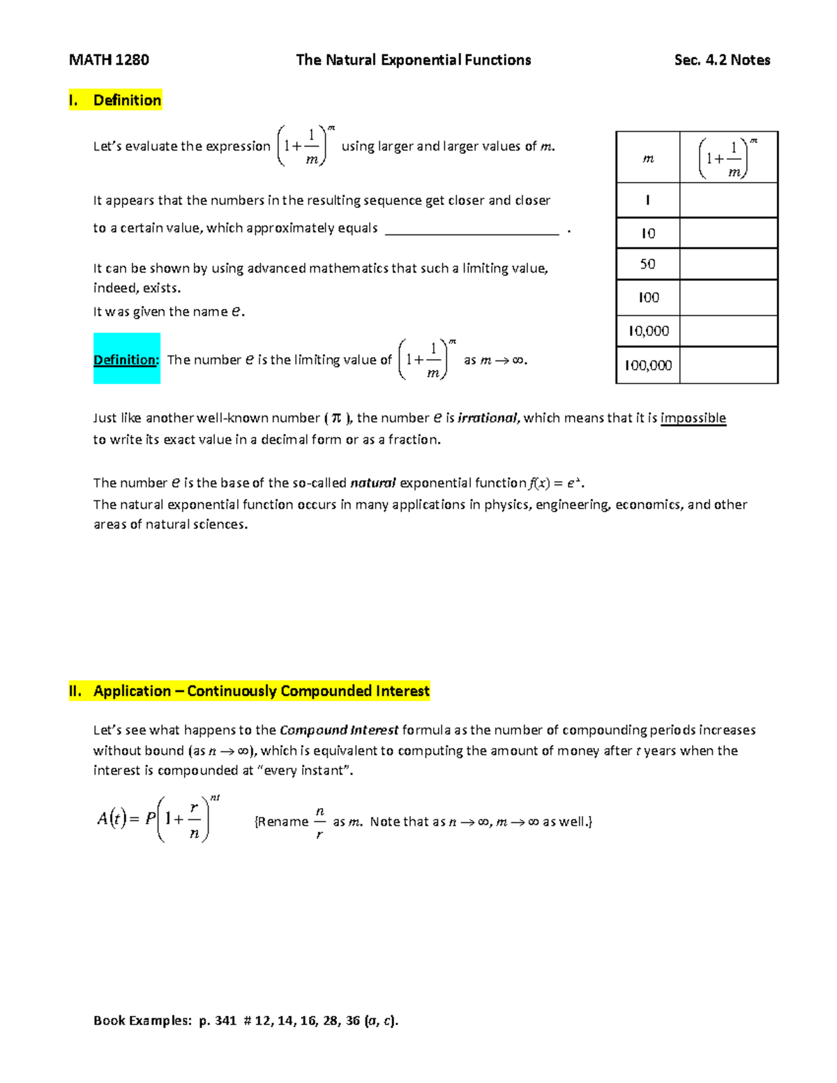 Notes - Sec. 4.2 (Natural Exponential Function) - MATH 1280 The Natural ...
