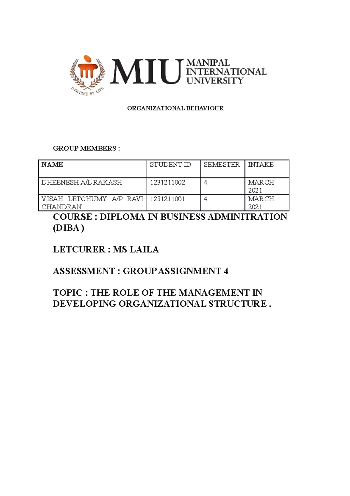 Group Assignments - ORGANIZATIONAL BEHAVIOUR GROUP MEMBERS : COURSE ... Group Assignments - ORGANIZATIONAL BEHAVIOUR GROUP MEMBERS : COURSE ...