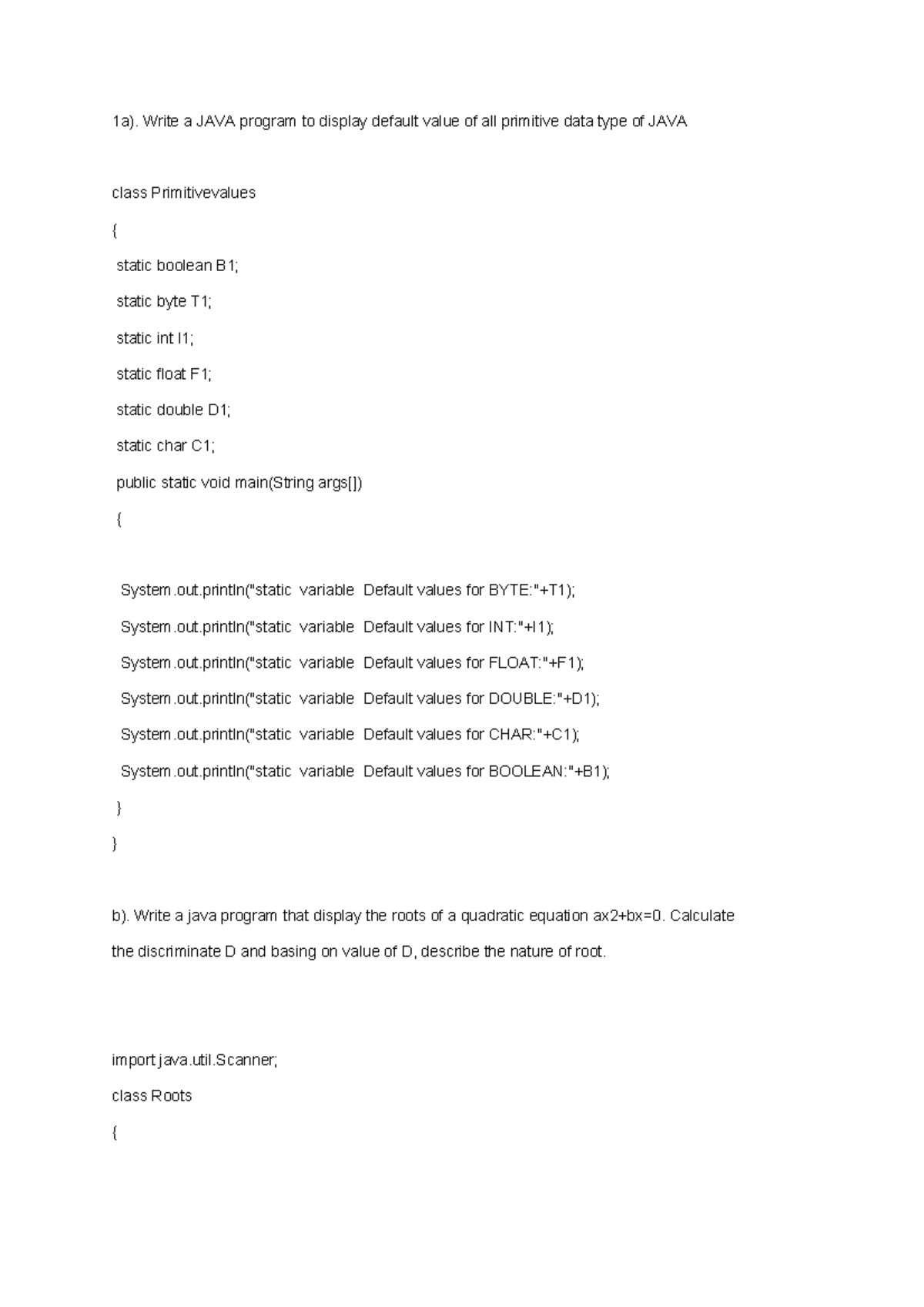 Java doc - hdjvfds - 1a). Write a JAVA program to display default value ...
