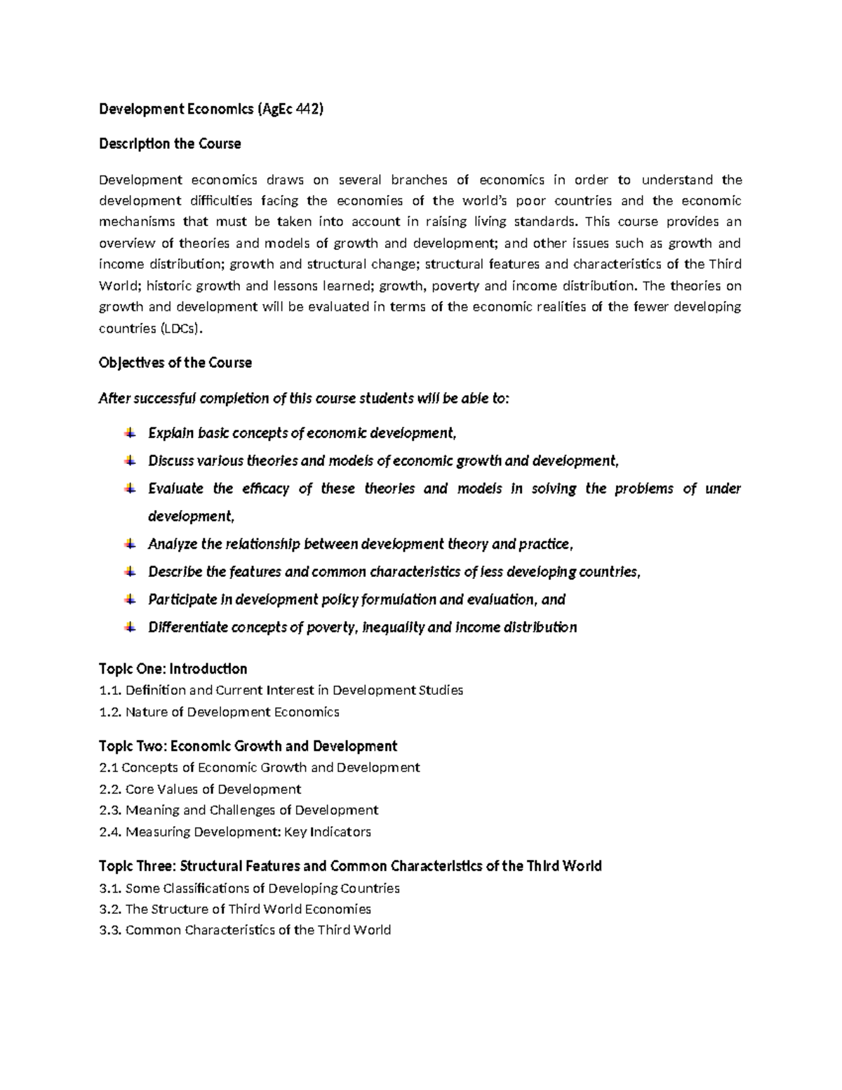 International economics - Development Economics (AgEc 442) Description ...