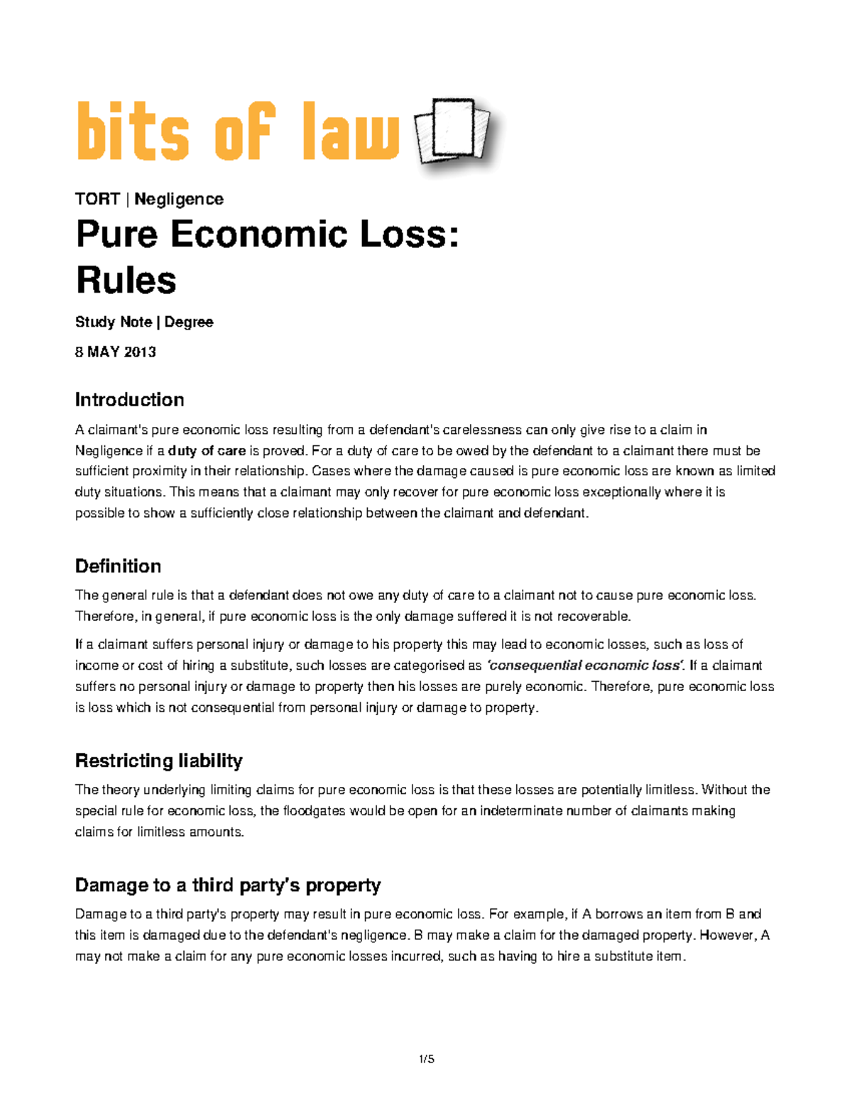 Pure economic loss liability rules - bits of law TORT | Negligence Pure ...