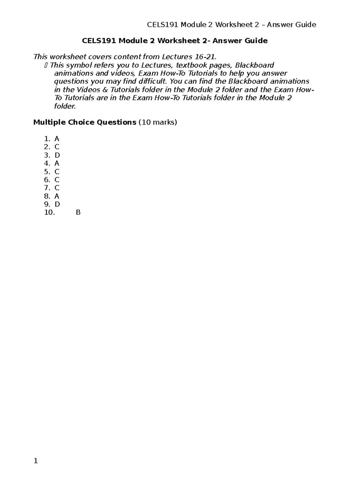 Worksheet 2.2 answers - CELS191 Module 2 Worksheet 2- Answer Guide This ...