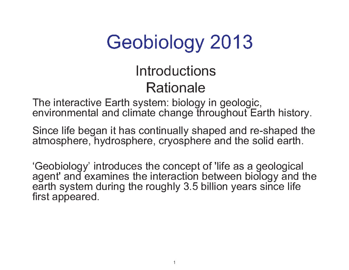 Lecture notes, lecture 1 - Spring 2013 - Geobiology 2013 Introductions ...