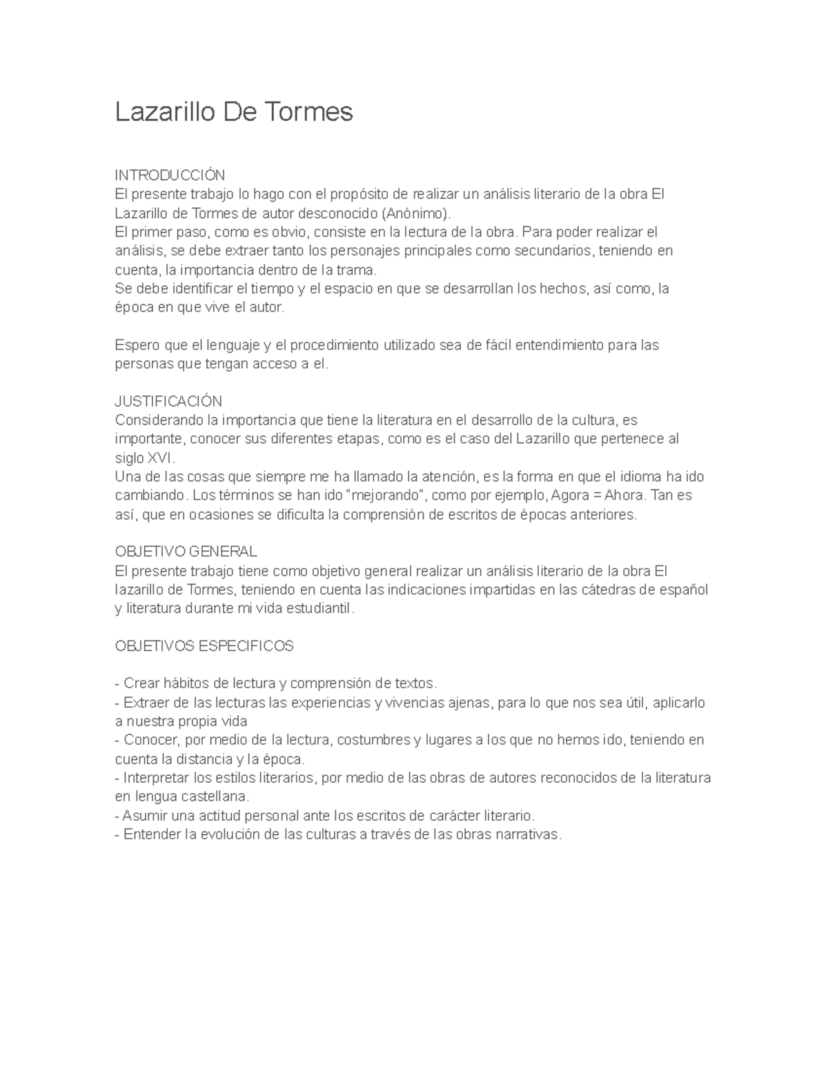 Informe El Lazarillo De Tormes - Lazarillo De Tormes INTRODUCCIÓN El ...