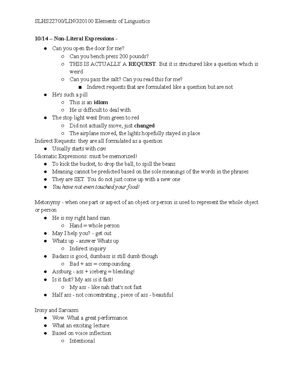SLHS 227 - Nonliteral expressions - SLHS22700/LING20100 Elements of Linguistics 10/14 – Non ...