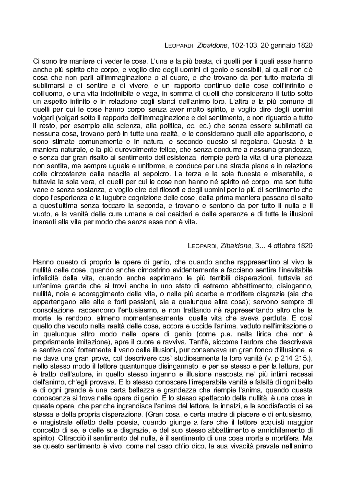 Leopardi citaz - hfjfhhf - L EOPARDI , Zibaldone, 102-103, 20 gennaio ...