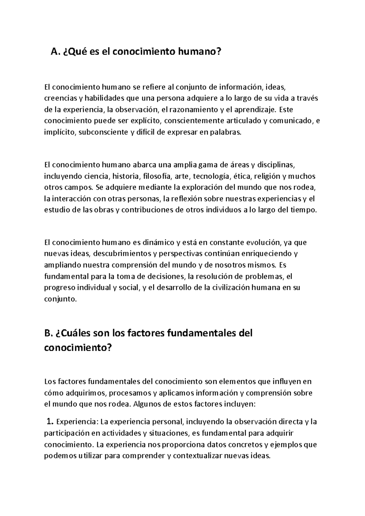 El conocimiento humano - A. ¿Qué es el conocimiento humano? El ...
