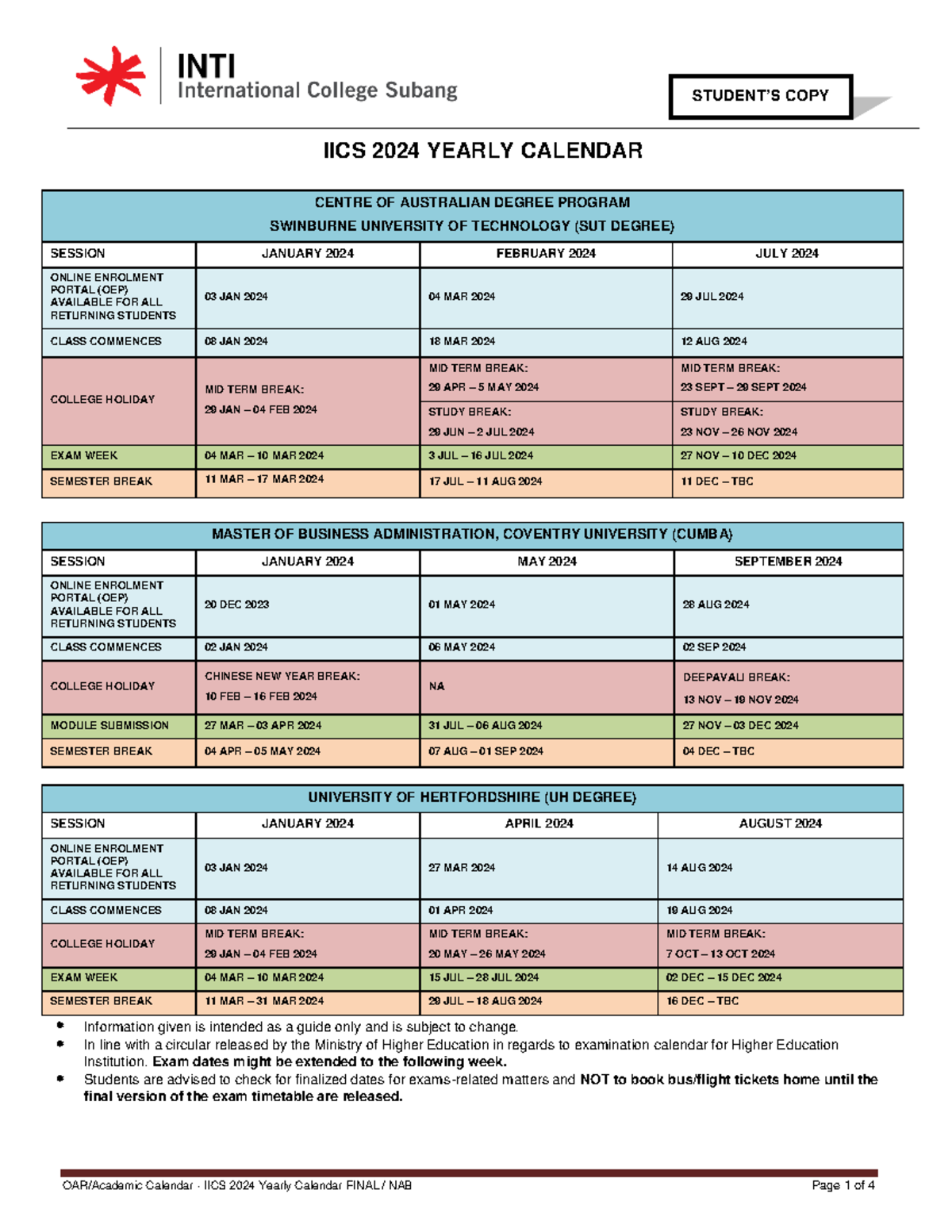 IICS Yearly Calendar 2024 Final - IICS 202 4 YEARLY CALENDAR CENTRE OF AUSTRALIAN DEGREE PROGRAM ...