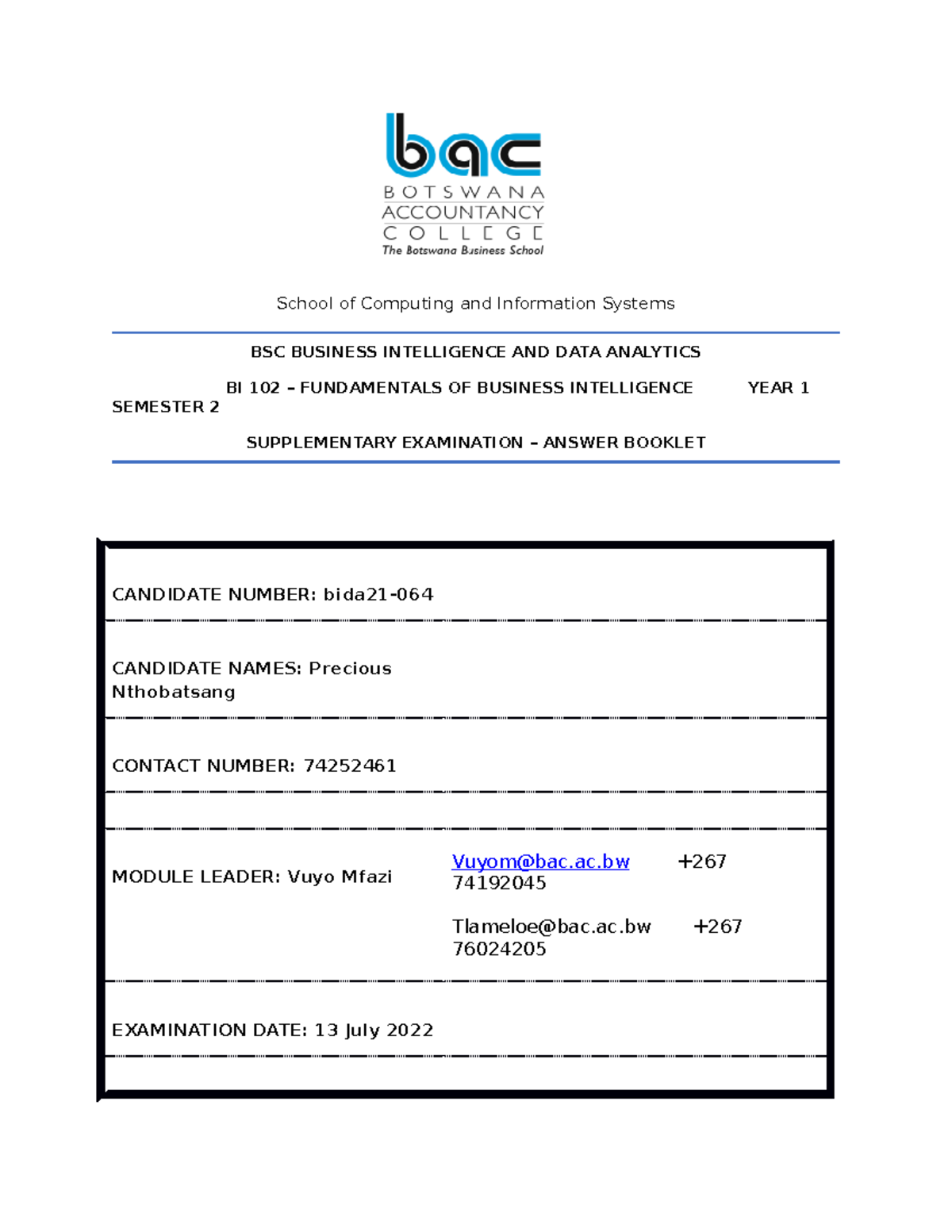 FBI SUP EXAM Answer Booklet 2022 - School of Computing and Information Systems BSC BUSINESS ...