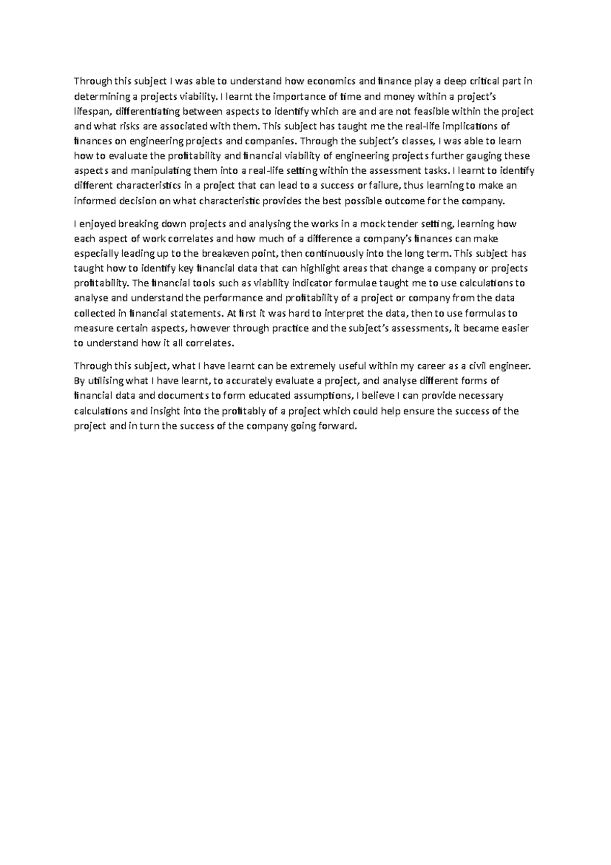 48250 - Economics and Finance for Engineering Projects - Reflection ...