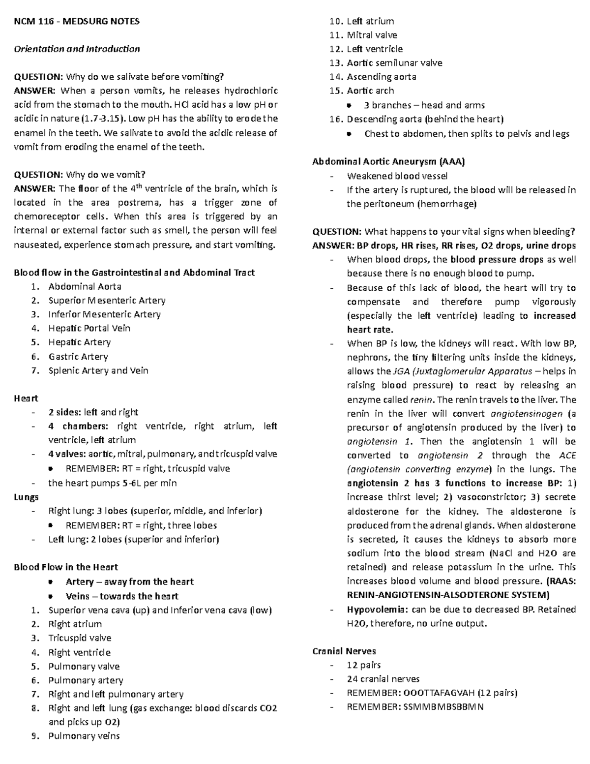 NCM 116 Notes - NCM 116 - MEDSURG NOTES Orientation and Introduction ...