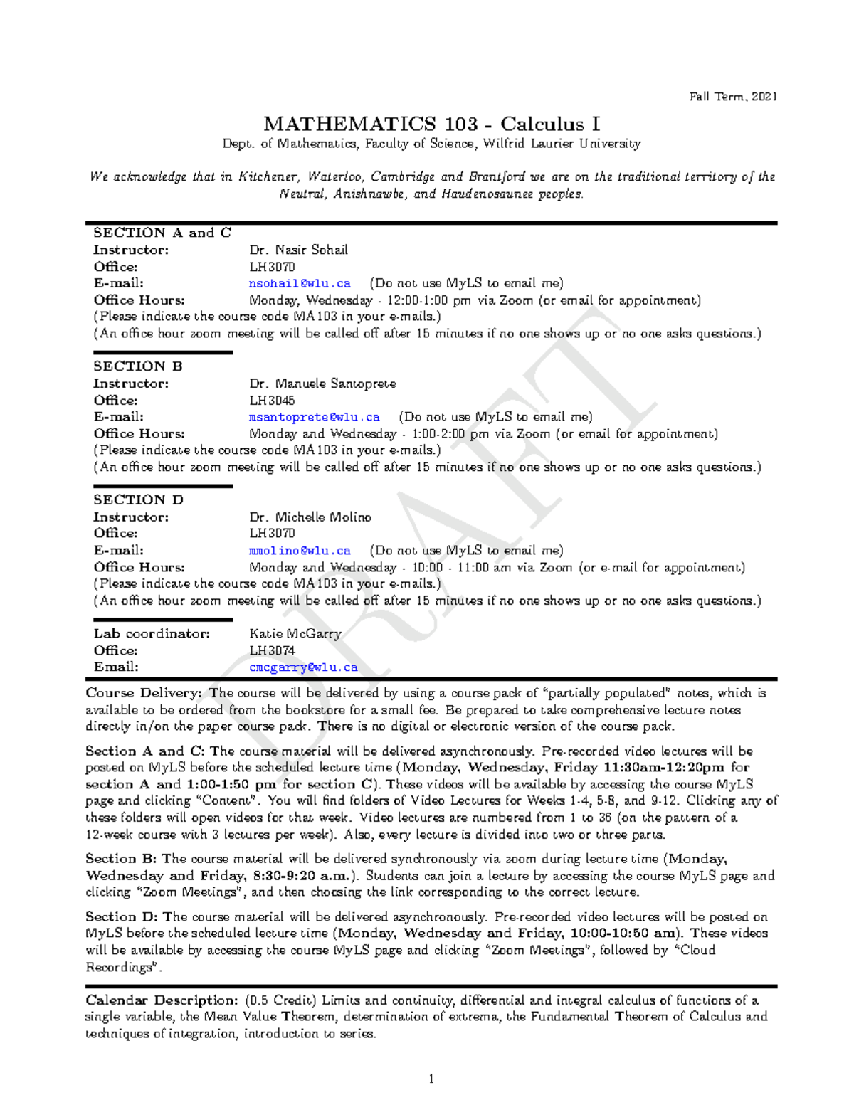 2021 MA103 syllabus - DRAFT Fall Term, 2021 MATHEMATICS 103 - Calculus ...