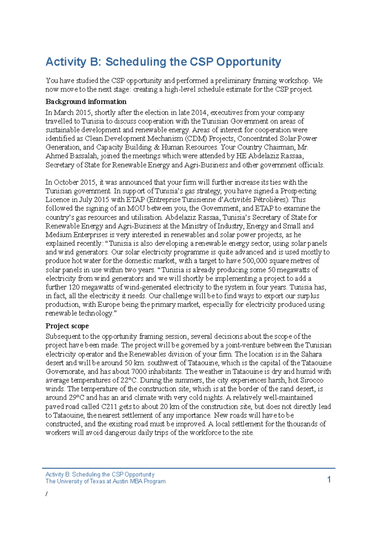 Activity B - Scheduling the CSP Opportunity - Activity B: Scheduling ...