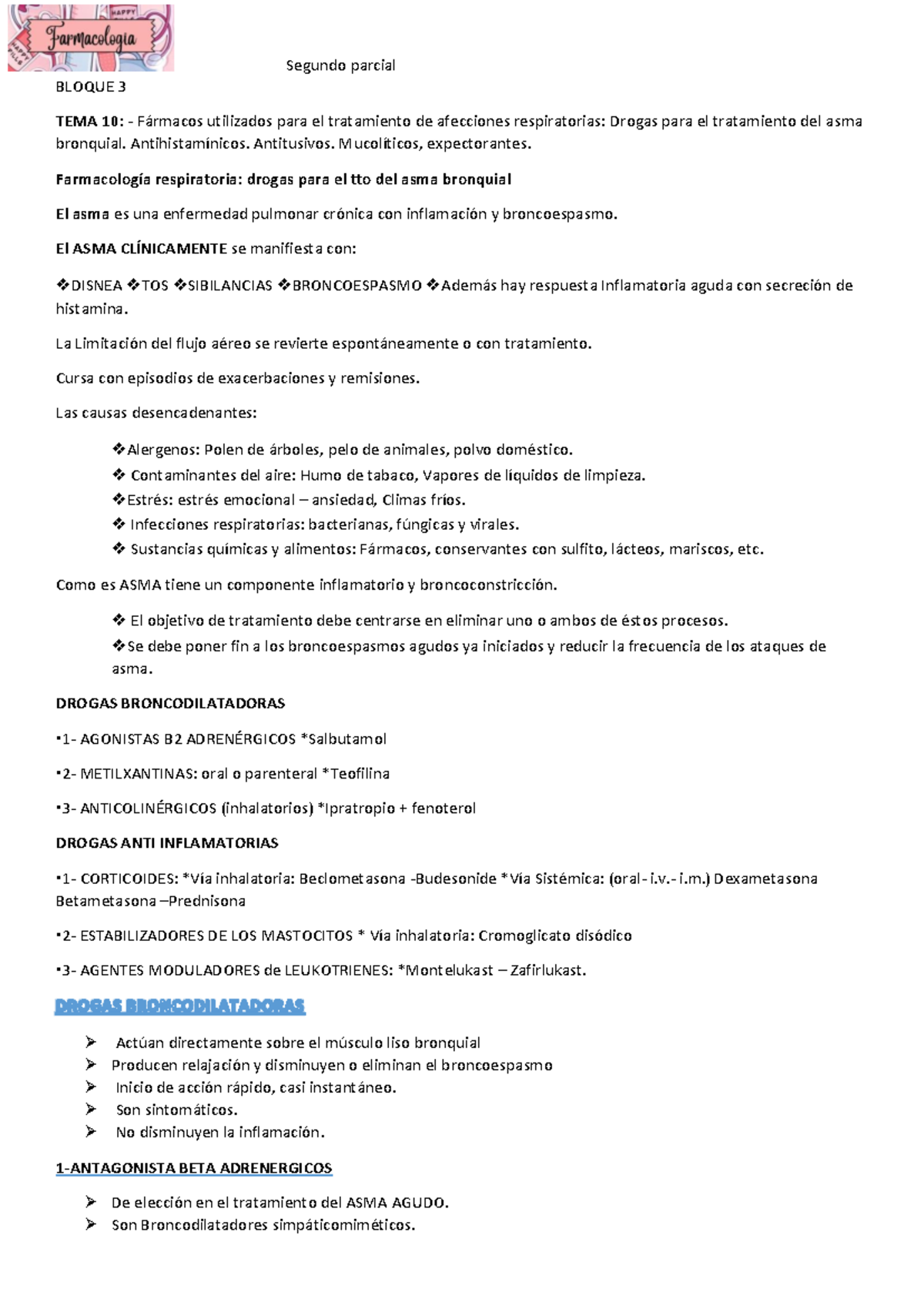 Framaco parcial 2 - BLOQUE 3 TEMA 10: - Fármacos utilizados para el ...