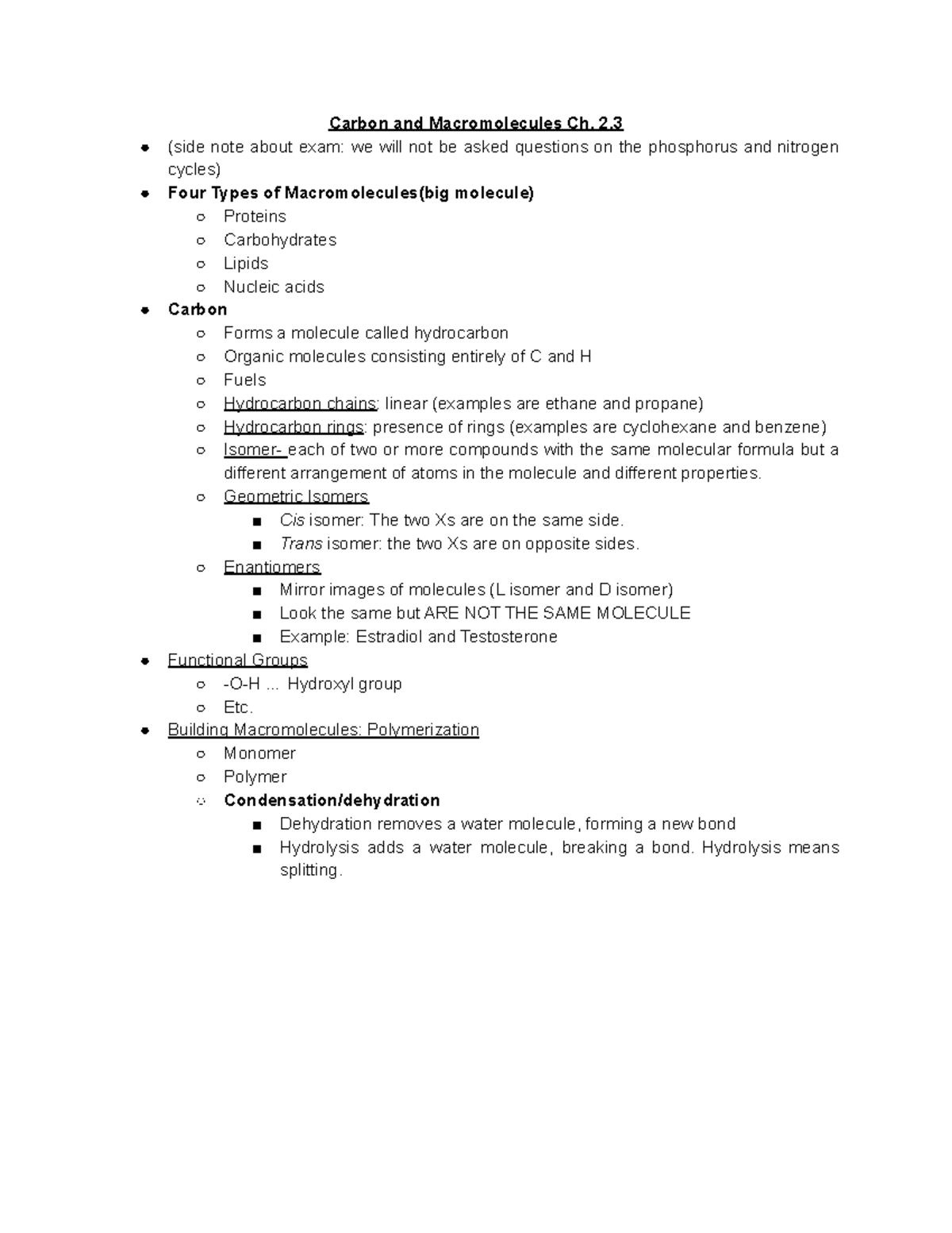Bio Lecture 6 9 19 - Carbon and Macromolecules Ch. 2, (side note about ...