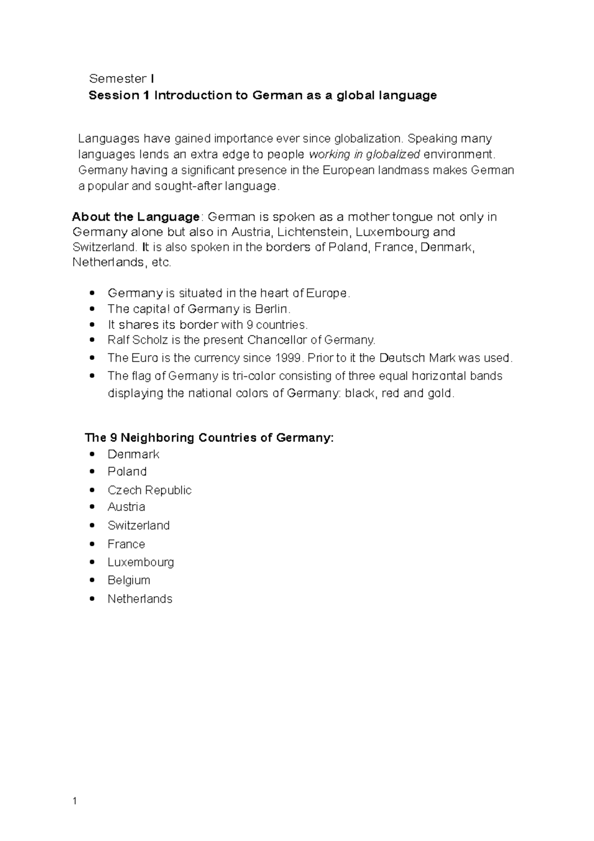 Deutsch Semester 1 - Notes - Semester l Session 1 Introduction to ...