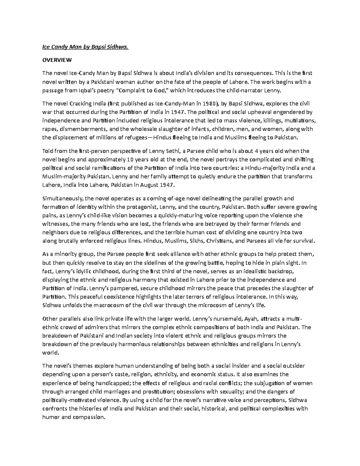 Ice Candy Man - Important notes for BS English's Students. - Ice Candy ...