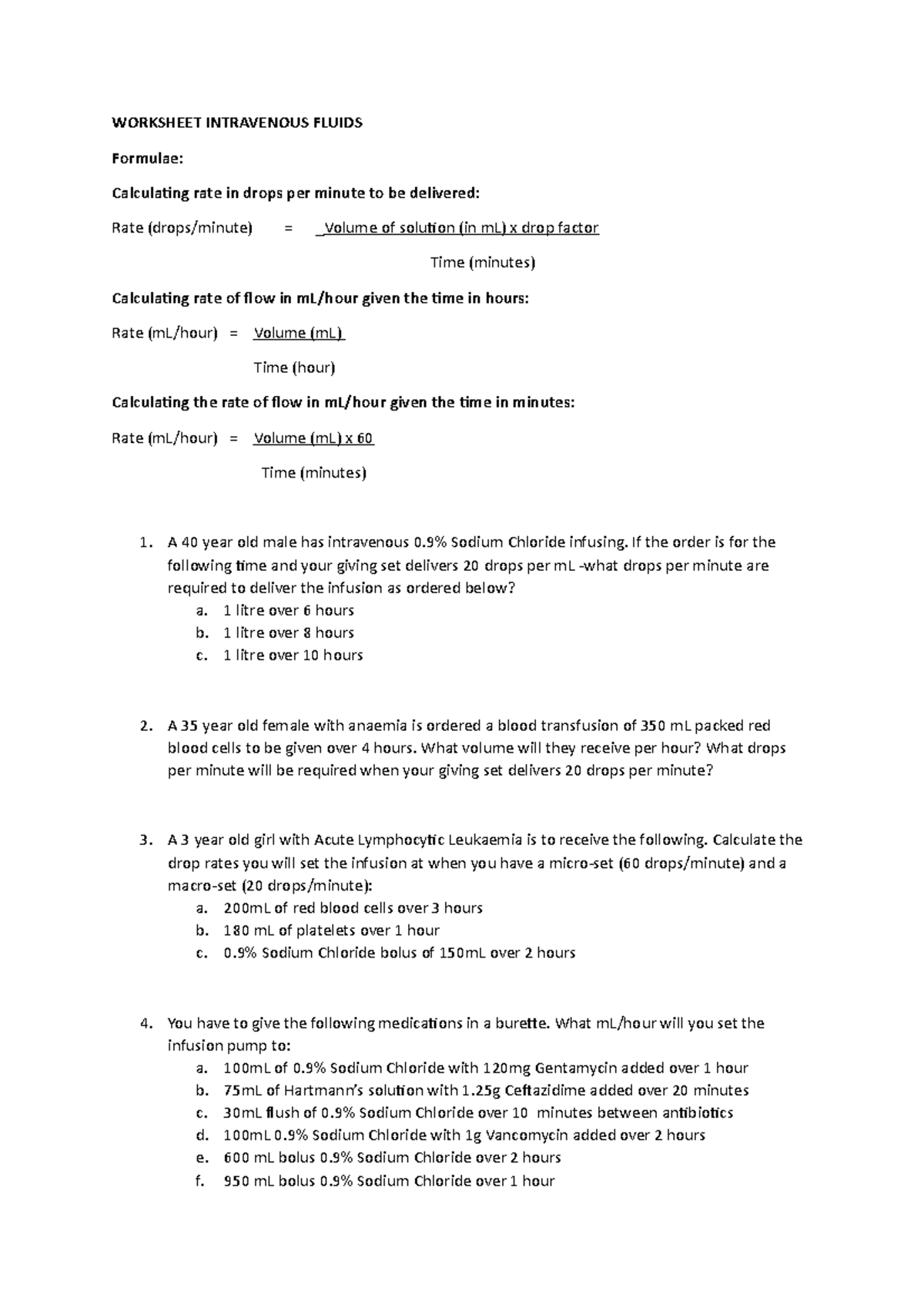 Intravenous Fluids Worksheet(1)(1) - WORKSHEET INTRAVENOUS FLUIDS ...