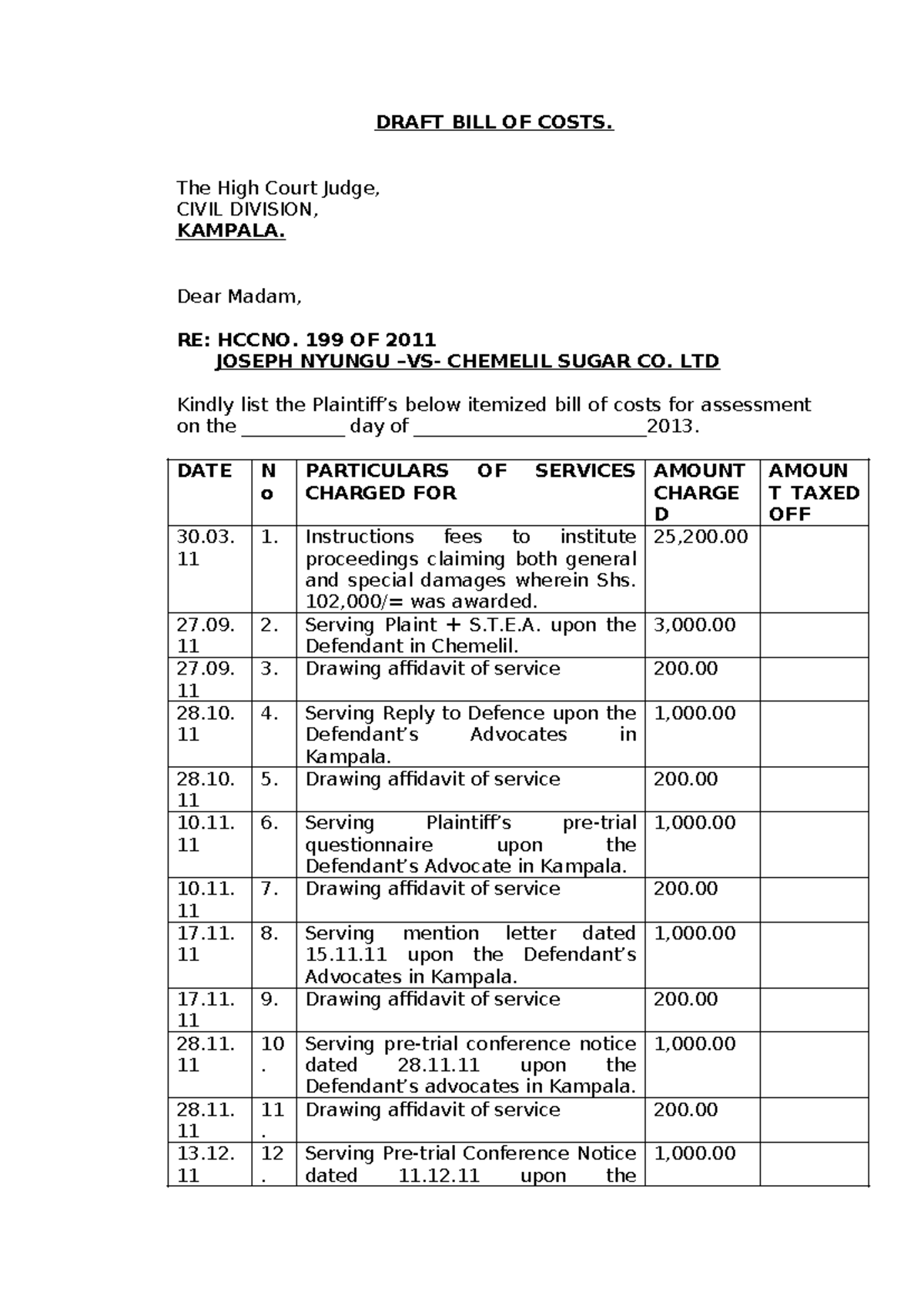 Draft BILL OF Costs (DEAN Natukunda) - DRAFT BILL OF COSTS. The High ...