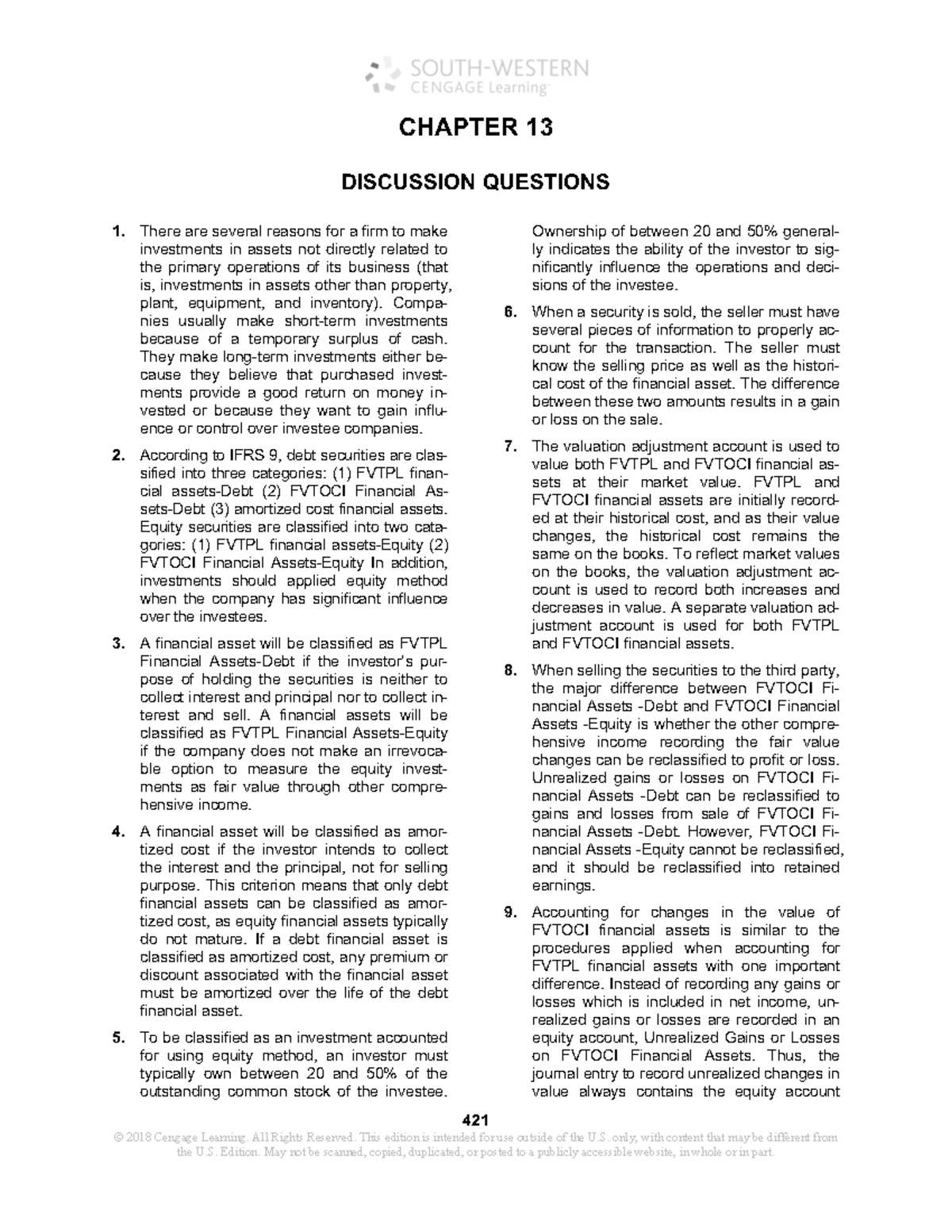 CH13 - materials - 421 © 2018 Cengage Learning. All Rights Reserved. This edition is intended ...