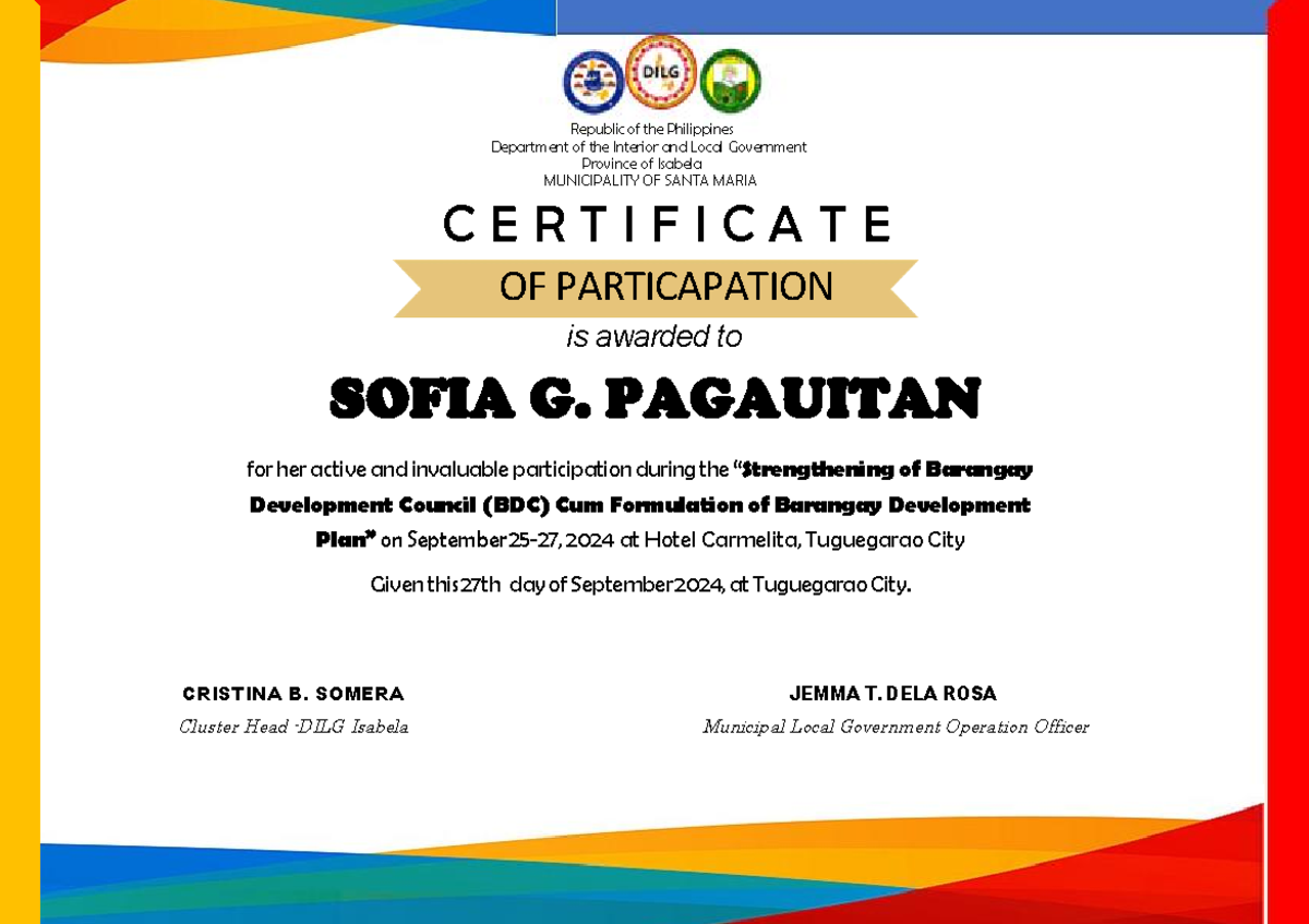 Bdp certificate 1 - haahahahaahah - SOFIAMELCHOR G. PAGAUITAN L. GUZMAN ...