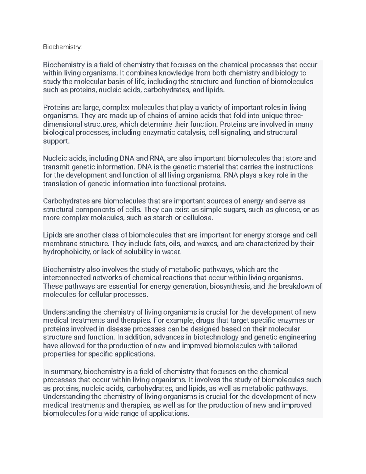 Biochemistry - Biochemistry: Biochemistry is a field of chemistry that ...