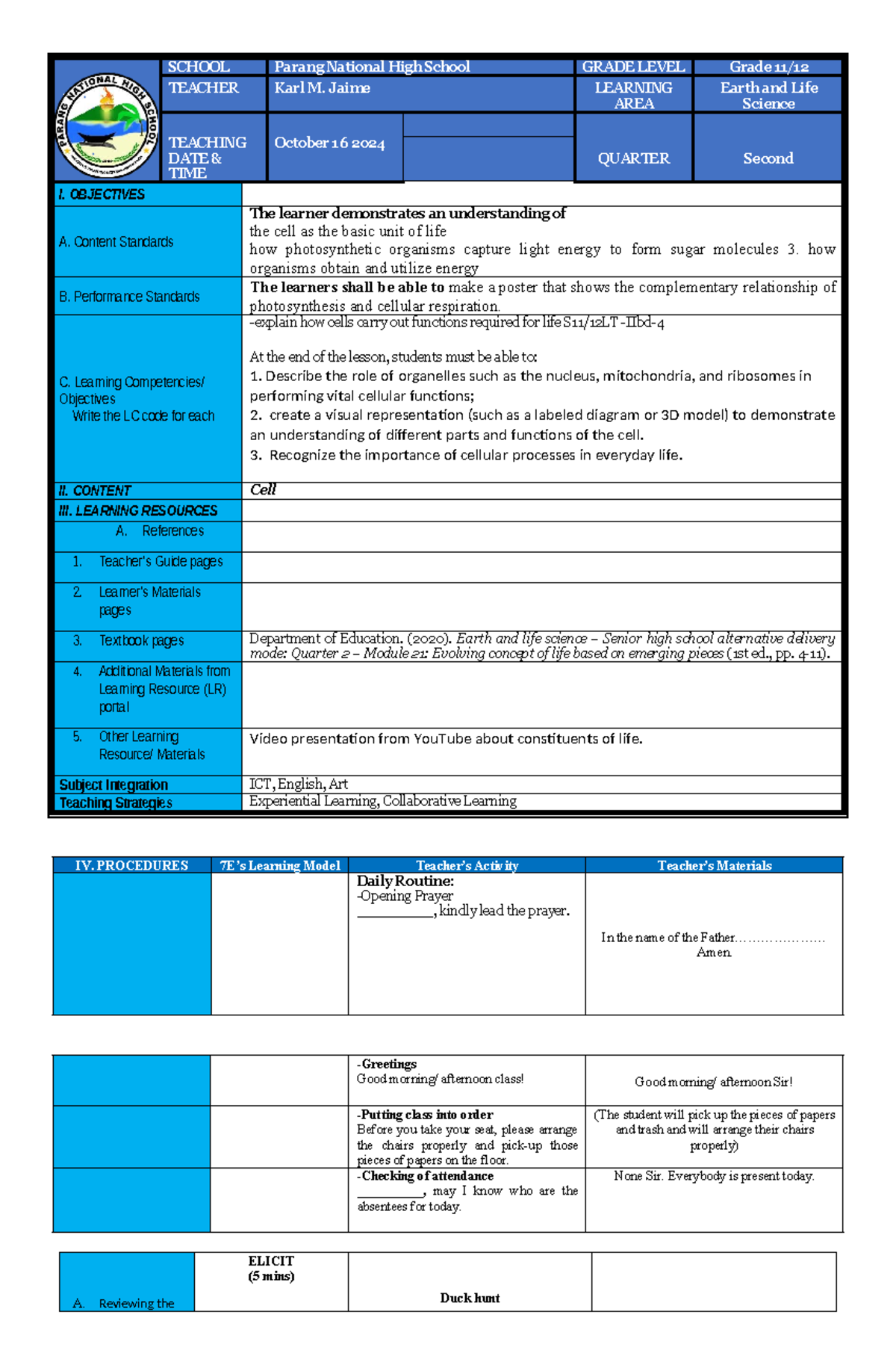 Earth and life-cells - Detailed Lesson PLAn - SCHOOL Parang National ...