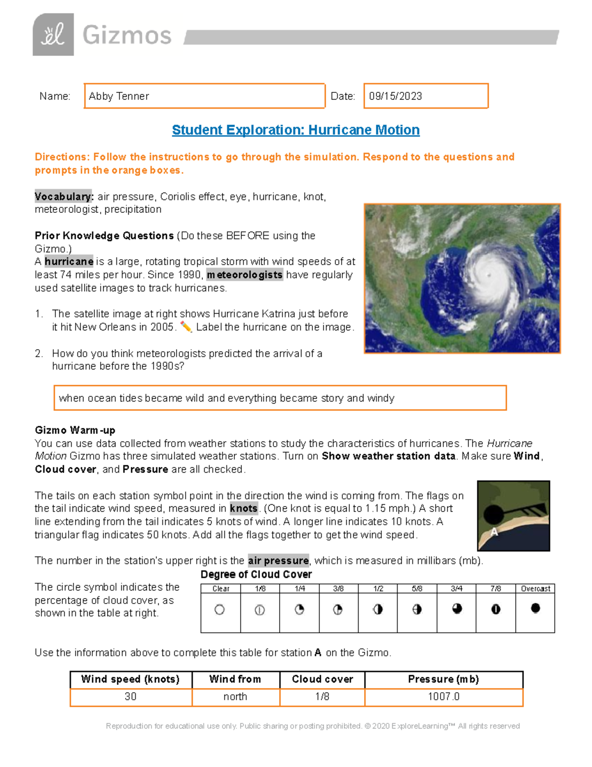 Copy of Hurricane Motion SE - Name: Abby Tenner Date: 09/15/ Student ...