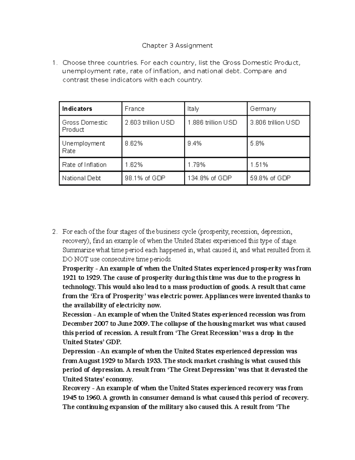 Chapter 3 Assignment - Chapter 3 Assignment Choose three countries. For ...