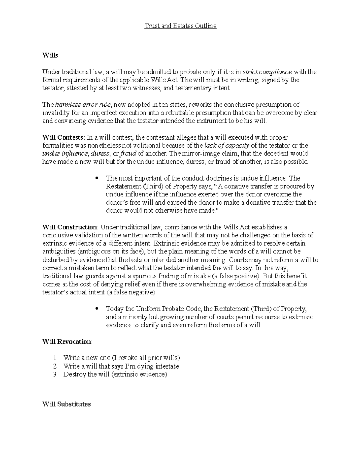 Trust and Estates Outline - Trust and Estates Outline Wills Under ...