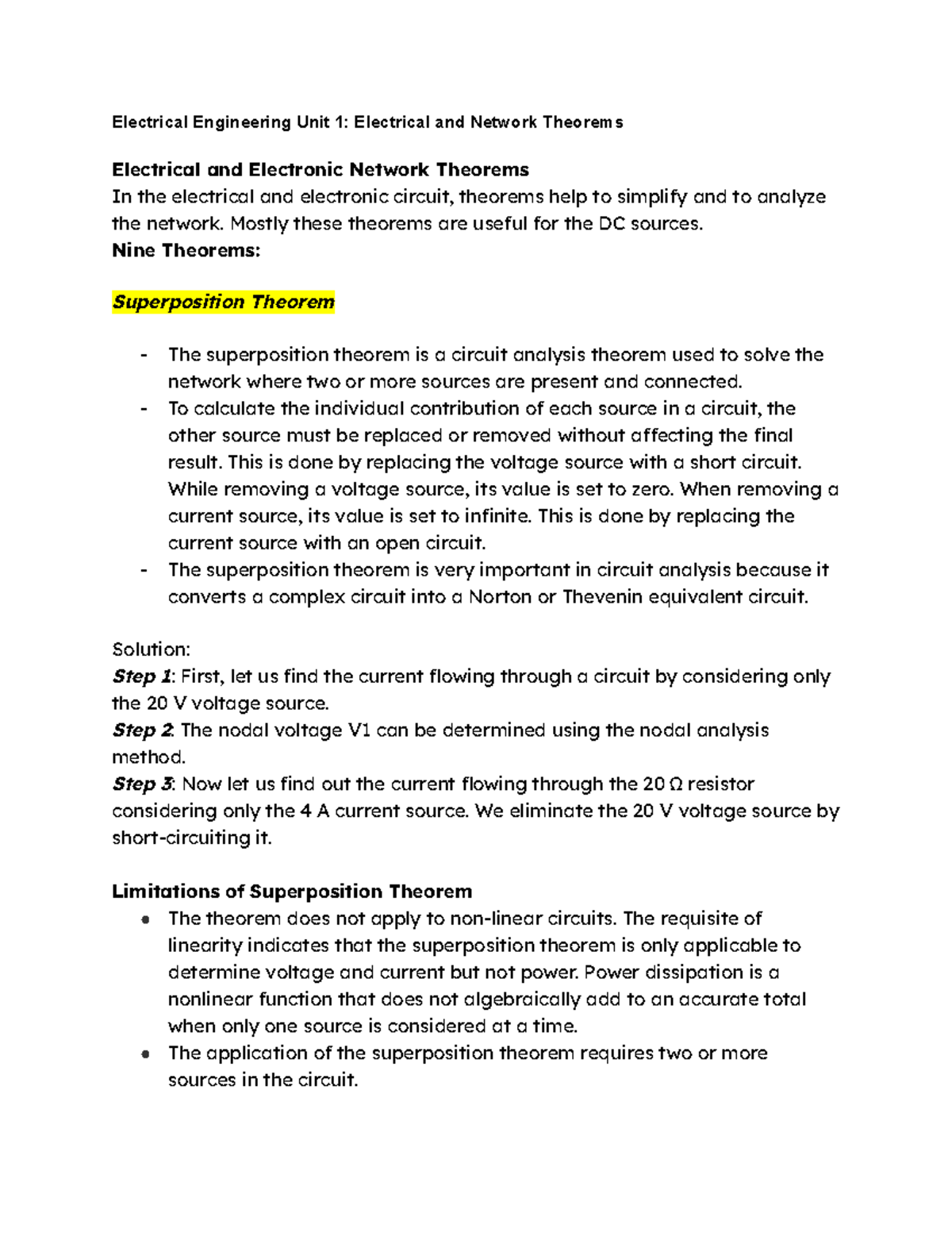 Theorems - Electrical Engineering Unit 1: Electrical and Network ...