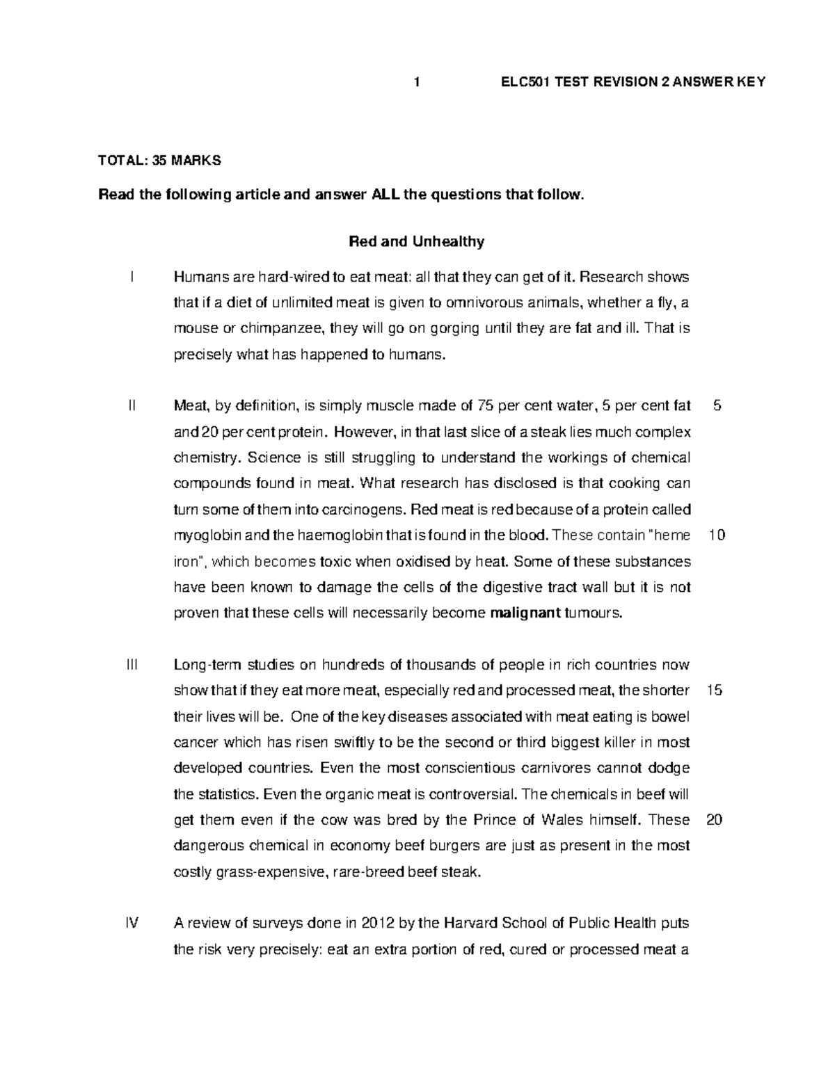 ELC 501 Test-Revision 2 Answer Key - TOTAL: 35 MARKS Read the following ...