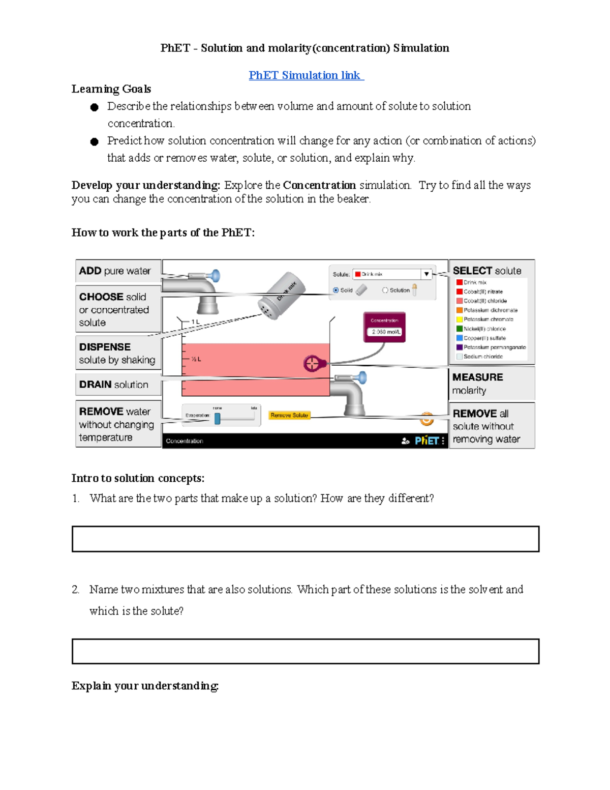 Molarity Simulation - Assignment for class - PhET - Solution and ...
