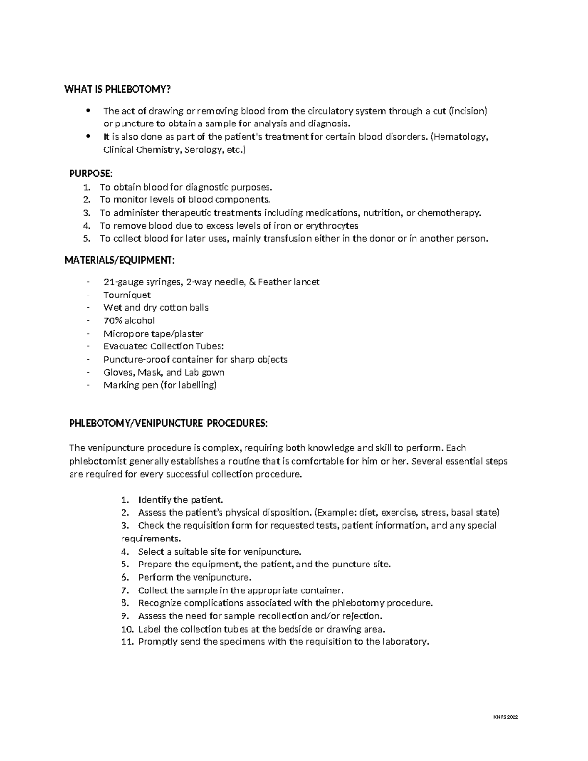 Venipuncture- Notes - WHAT IS PHLEBOTOMY? The act of drawing or ...