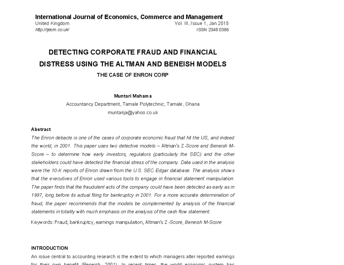 Detecting Corporate Fraud and Financial Distress Using The Altman and ...